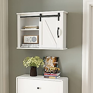 LOKO Rustic Medicine Cabinet with Sliding Barn Door, Bathroom Cabinet Wall Mounted with Adjustable Shelves, Small Bathroom Wall Cabinet Over Toilet, 8 x 27.5 x 20 inches, White