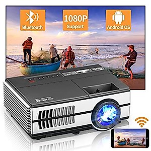 Portable Outdoor Movie Projector Full HD 1080P Supported, Mini WiFi Projector with Bluetooth, Wireless Home Theater Projector with Airplay Mirroring/Smart Android OS/HDMI/USB for Phone Laptop TV Stick