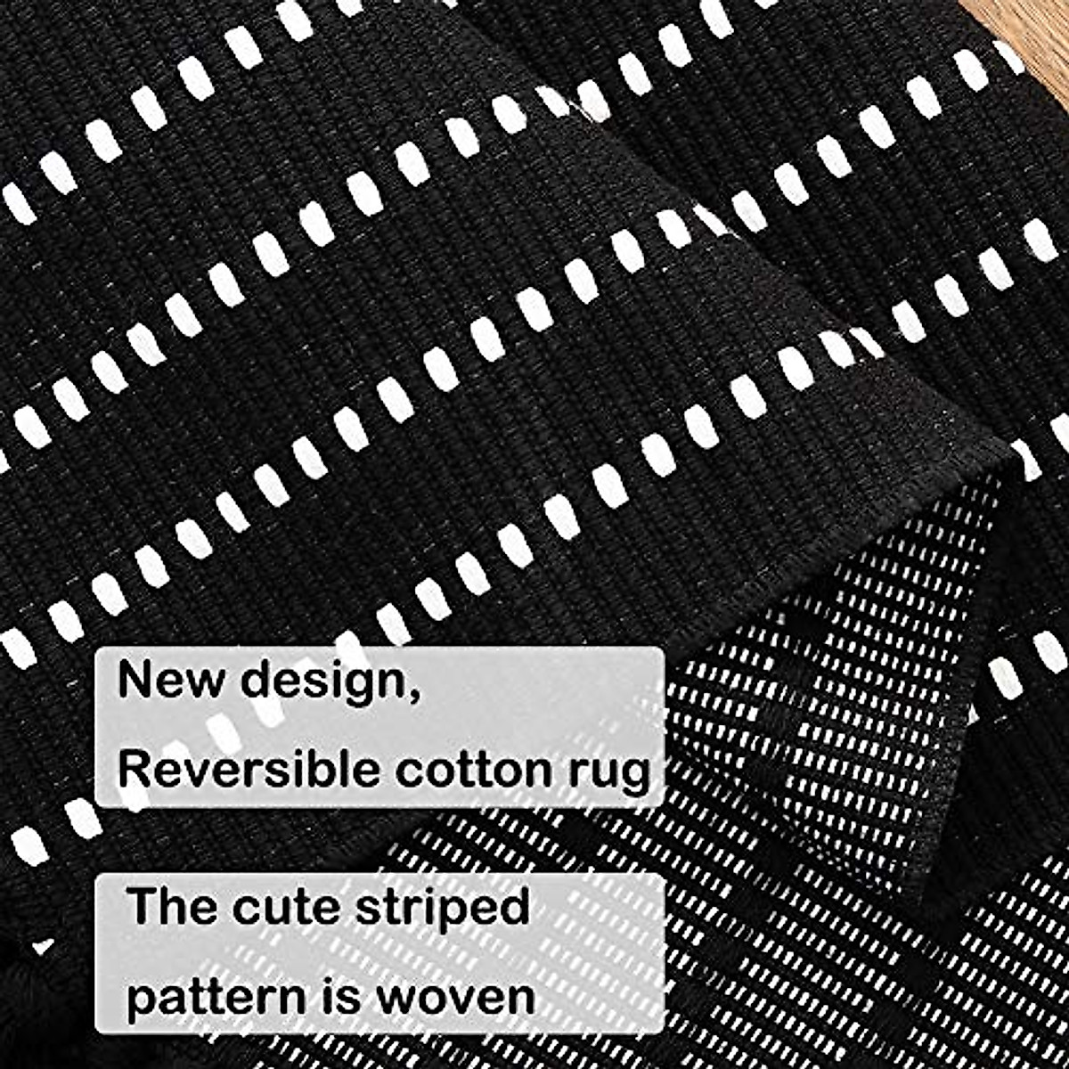 idee-home Black Small Boho Rug, Boho Bathroom Rug, Patterned Bath Mat, Woven Black Striped Rug for Bedroom Living Room, Sink Kitchen Boho Rug with Tassel 2'x3'