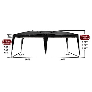 10x20 Ft Easy Pop up Canopy, Waterproof Party Tent, Adjustable Height Outdoor Gazebo w/ 6 Removable Sidewalls & 4 Windows for Patio Backyard Porch Garden Beach, Carry Bag Included (Black)