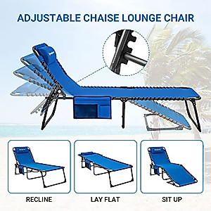 KingCamp Set of 2 Folding Lounge Chair - Adjustable 5 Positions Chaise Lounge Chair for Beach, Sunbathing, Patio, Pool, Lawn, Deck - Lay Flat Lounge Chair for Outdoor/Indoor with Pillow, Blue