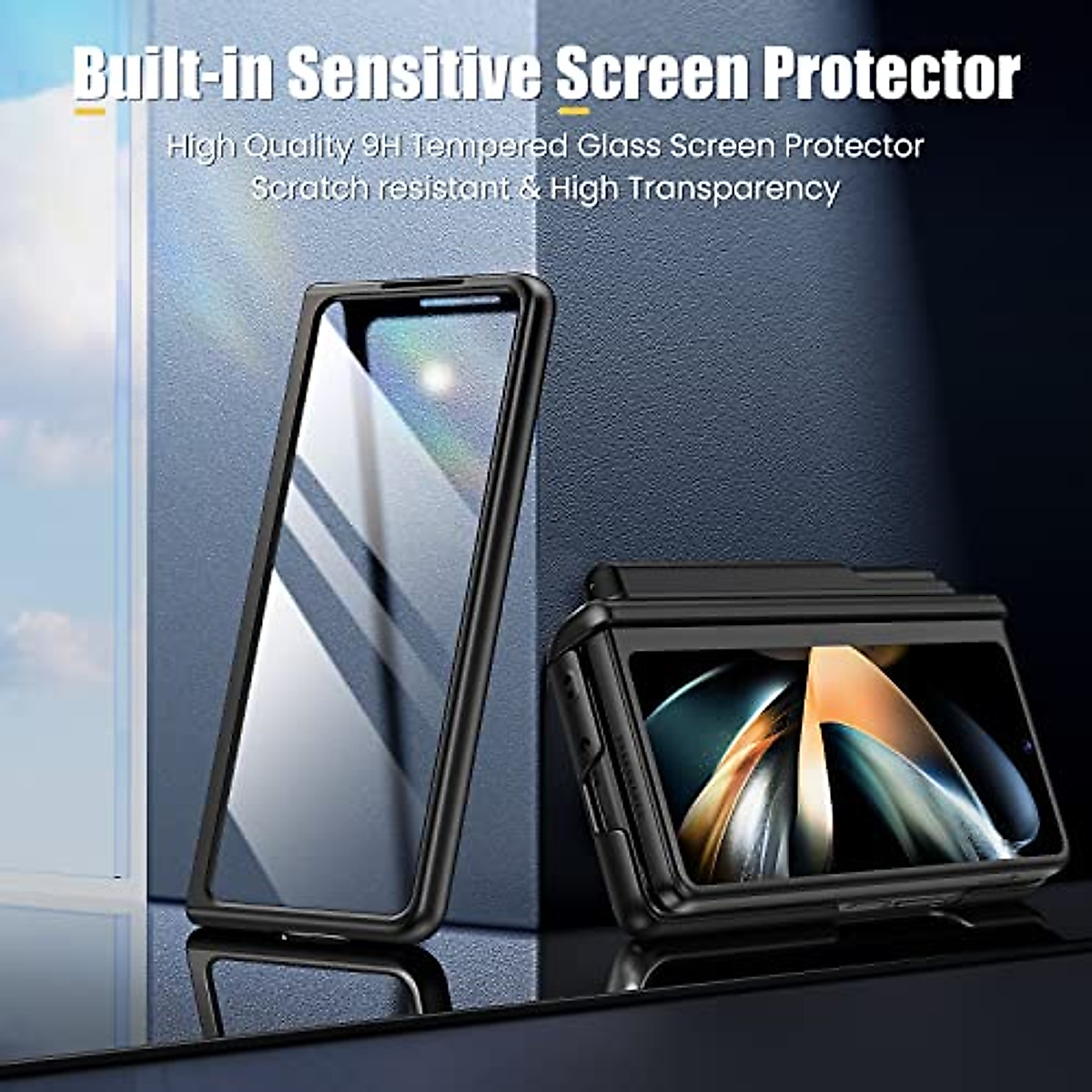 Caka for Z Fold 4 Case, Fold 4 Case with S Pen Holder & Screen Protector, Wallet Case with Card Holder Camera Cover & Hinge Protection Phone Case for Samsung Galaxy Z Fold 4 5G 2022-Black