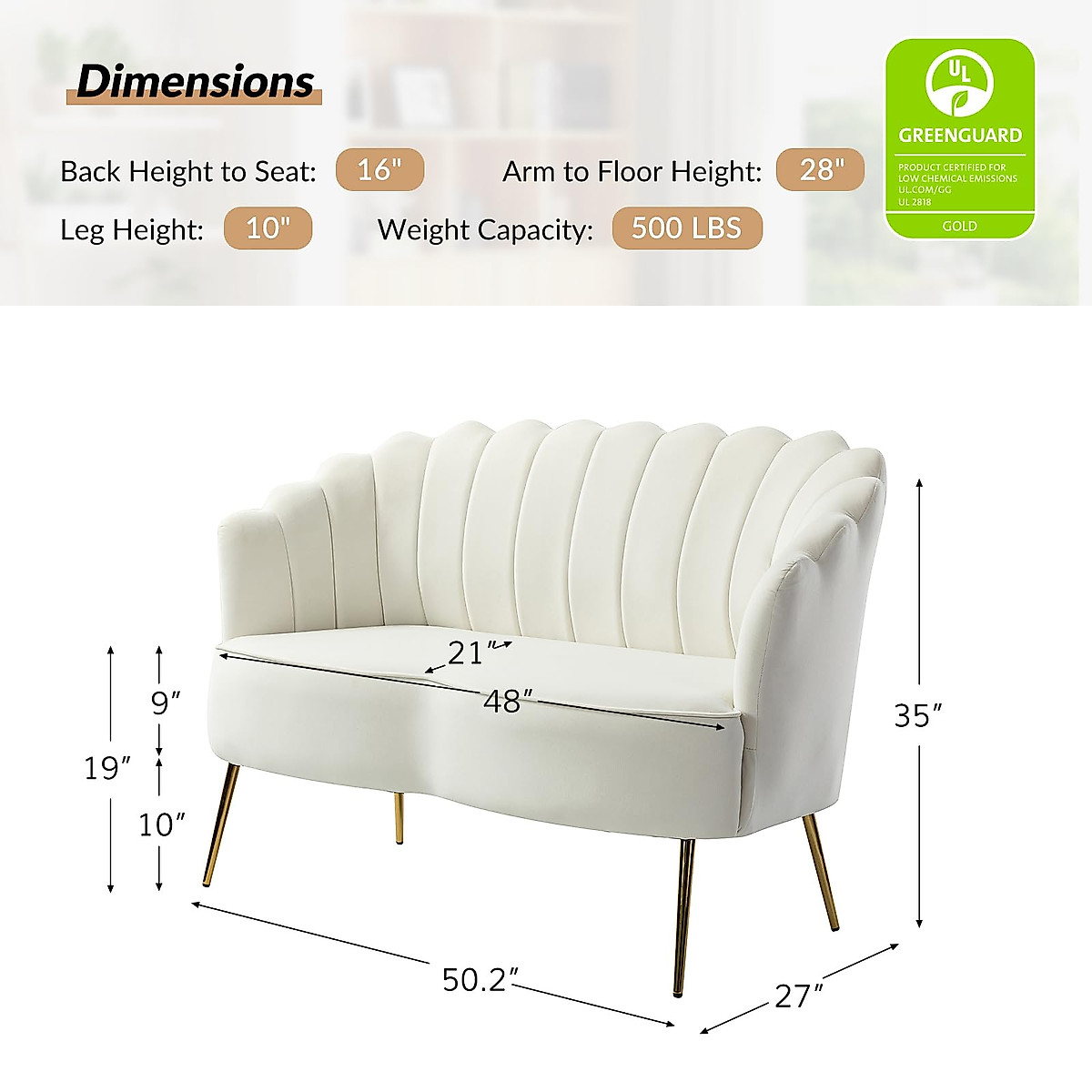 HULALA HOME Modern Velvet Loveseat Sofa with Flower Shaped Back, Comfy Upholstered 2-Seater Sofa with Gold Metal Legs, Small Love Seat Accent Couch for Living Bedroom Leisure Areas, Ivory