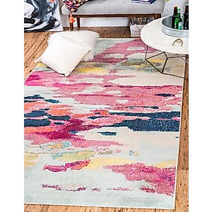Unique Loom Estrella Collection Light Colors, Abstract, Modern, Vibrant Area Rug, 7 ft x 10 ft, Pink/Ivory