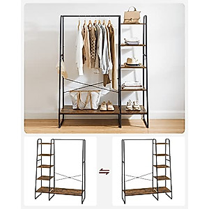 VASAGLE Clothes Rack, Clothing Rack with Shoe Shelf, 5-Tier Storage Rack, 6 Side Hooks, for Bedroom, Living Room, Rustic Brown and Black URGR116B01