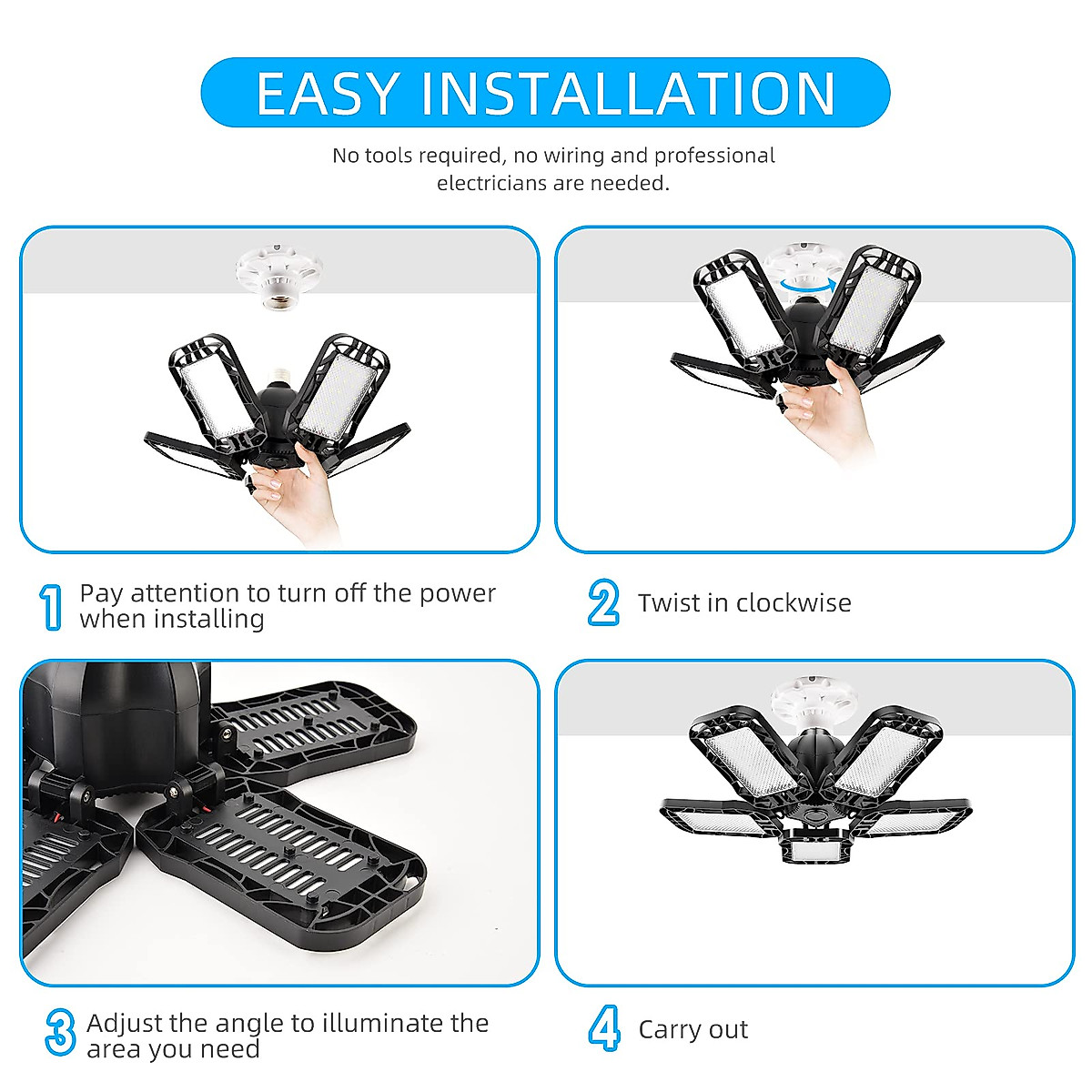 LED Garage Light 2 Pack, Deformable Garage LED Light 360° Illuminator Ultra Bright, 100W 6500K LED Garage Ceiling Lights with 5 Adjustable Panels E26/E27 for Garage Basement Bay Workshop