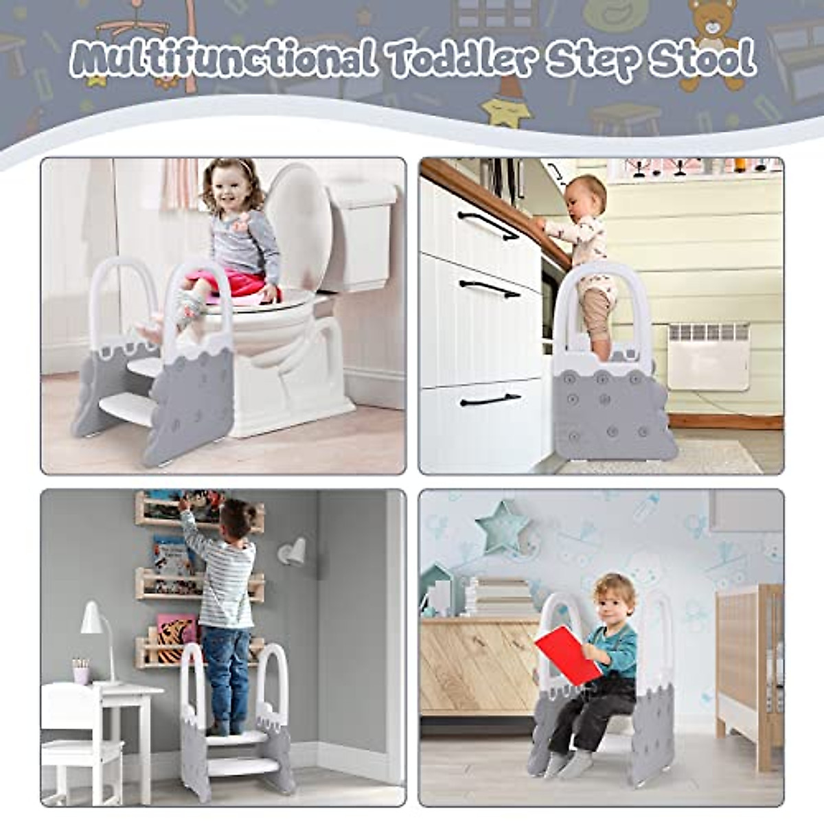 Toddler Step Stool for Bathroom Sink, Ronipic 2 Step Stools for Kids, Anti-Slip Stool for Kitchen Counter, Potty Training Toilet Stool with Handrail