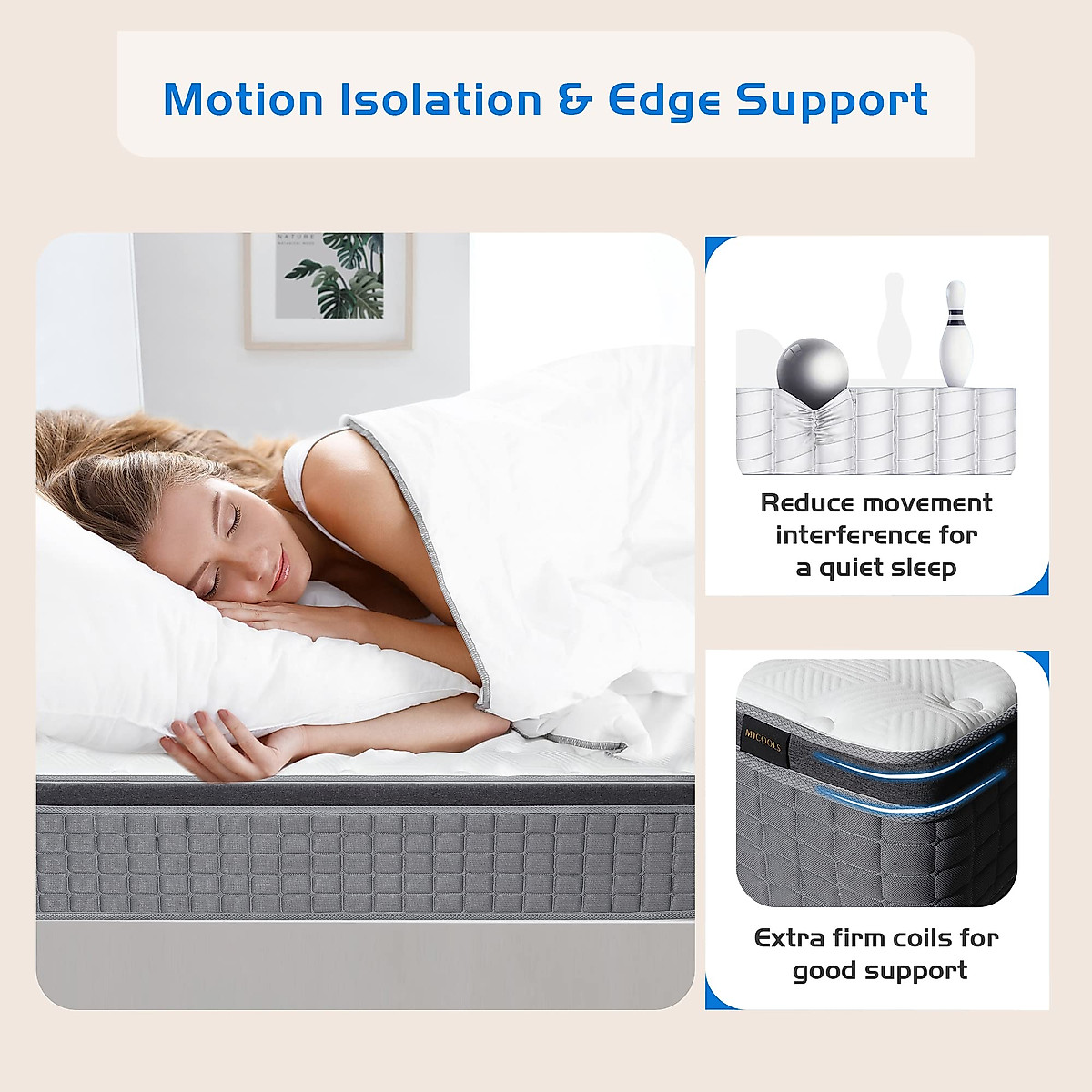 MICOOLS Twin Mattress,14 inch Hybrid Mattress in a Box Memory Foam Breathable Comfortable,Motion Isolation Individually Wrapped Coils,Euro Top Medium Firm Twin Size Mattress