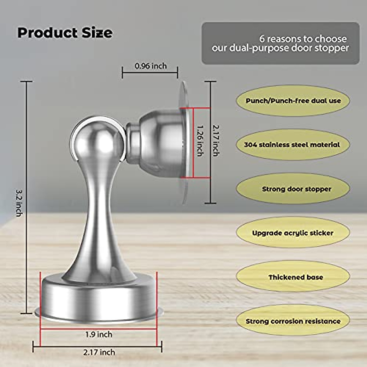 2 Pack(304)Door Stoppers, ASHGOOB Magnetic Door Stop Door Catch, Brushed Nickel Stainless Steel(304)Door Stopper Wall Protector, Double-Sided Adhesive Tape No Drilling, Screws for Stronger Wall Mount