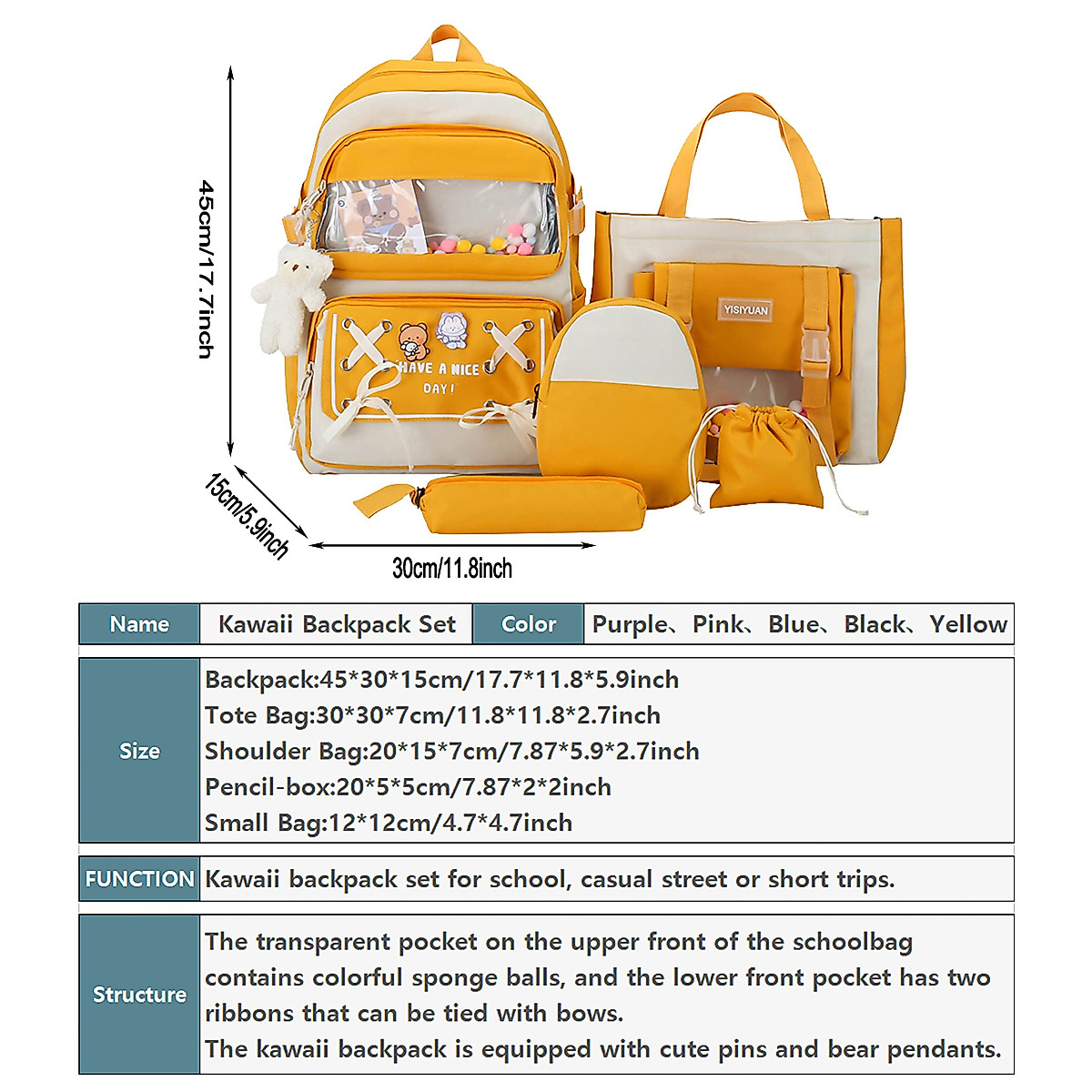 DUOBAOYU 5PCS Kawaii Backpack Set with Cute Pendants and Pins Accessories Cute Aesthetic Rucksack 17in School Bags Bookbag (Yellow2, 17in)