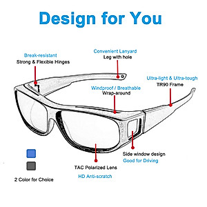 JIANGTUN Fit Over the Glass Sunglasses Warp Around OverSized Polarized Sun Glasses UV Protection, Size M Black Frame Grey Lens