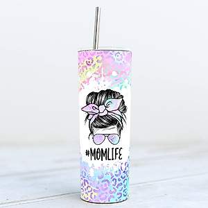 YouNique Designs Iridescent Leopard Mom Coffee Tumbler with Straw and Lid, 20 Oz, Insulated Stainless Steel Skinny Tumbler for Women, Mama Tea Tumbler, Mom Life Water Tumbler Cup