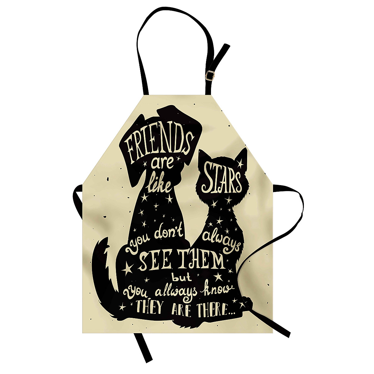 Ambesonne Inspirational Apron, Cat and Dog Silhouettes with Friendship Themed Phrase and Stars Grungy Display, Unisex Kitchen Bib with Adjustable Neck for Cooking Gardening, Adult Size, Black Tan
