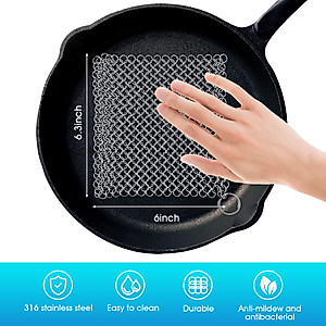 Cast Iron Scrubber 6" x 6.3" Premium 316L Cast Iron Cleaner Scrubber for Skillet, Wok, Pot, Pan; Pre-Seasoned Pan Dutch Ovens Waffle Iron Pans Scraper Cast