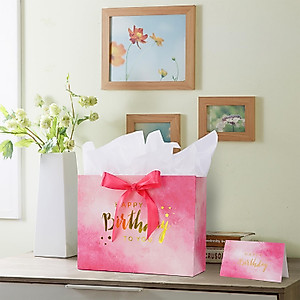 Nihuecne 13" Large Birthday Gift Bag with Card and Tissue Paper, Big Pink and Gold Birthday Wrap Paper Gift Bag with Satin Ribbon Handles for Girls and Women's Birthday Party