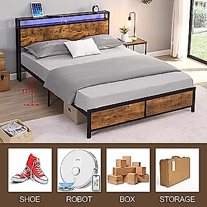 Industrial Full Bed Frame with LED Lights and 2 USB Ports,Metal Platform Bed with 2-Tier Storage Wooden Headboard and Under Bed Storage,No Box Spring Needed (Rustic Brown, Full)