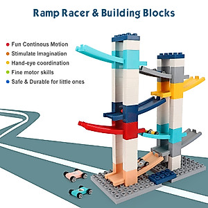 Aomola Car Ramp Toy with Classic Big Building Blocks,Creative DIY Building Bricks Compatible with All Major Brands,Car Ramp Racer for Toddlers with 6 Mini Cars,Storage Box & Base Plate
