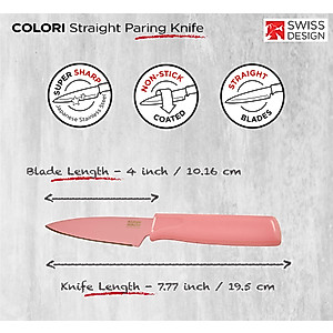 Kuhn Rikon Colori Non-Stick Straight Paring Knife with Safety Sheath, 4 inch/10.16 cm Blade, Bubble Gum