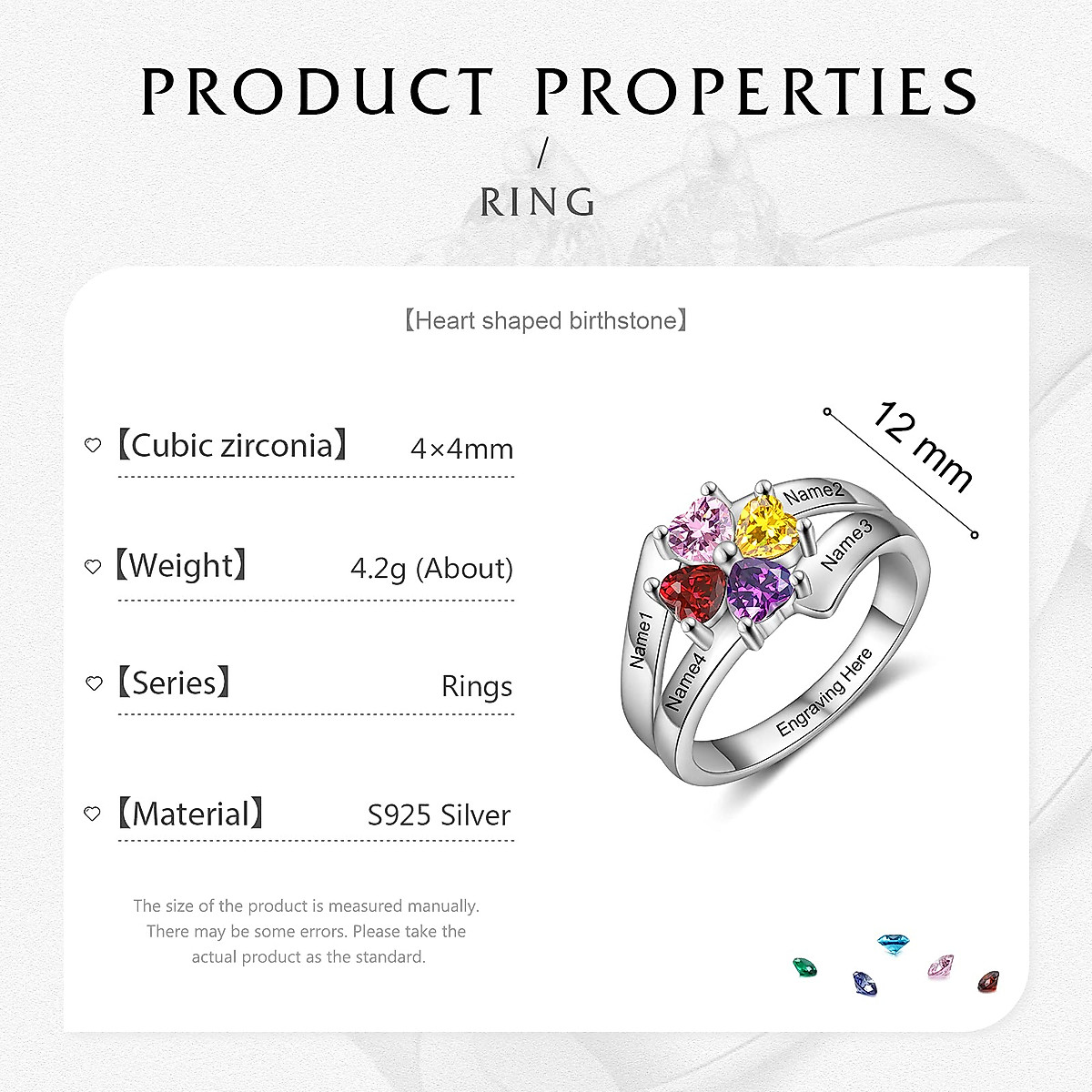 Zomodia Personalized Mothers Ring 4 Simulated Birthstones Ring Engraved 4 Names Anniversary Promise Ring for Her Family Jewelry Gift for Grandma (8)