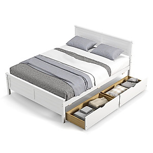 KOMFOTT Full Size Wood Bed Frame with 2 Storage Drawers, Mid Century Platform Bed Frame with Headboard, Sturdy Wooden Slats Support, Modern Mattress Foundation, No Box Spring Required, Easy Assembly
