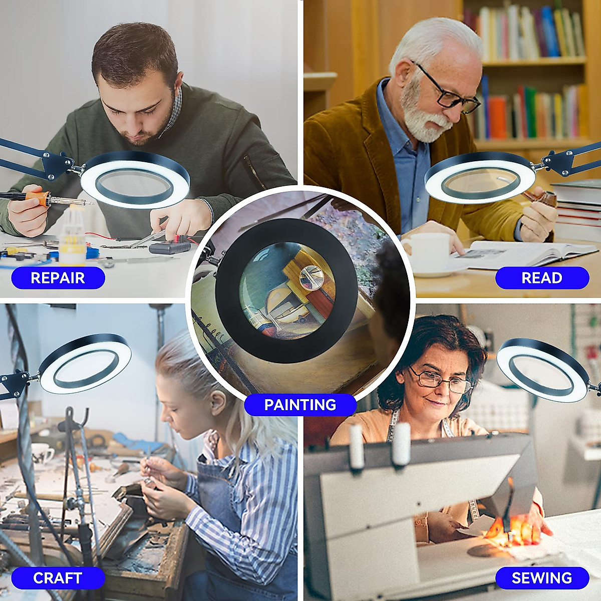 2-in-1 Magnifying Glass with Light and Stand,10X Magnifying Lamp with 3 Color Modes,Dimmable LED Lighted Magnifier Lamp & Clamp for Repair Reading,Crafts,Painting,Close Works