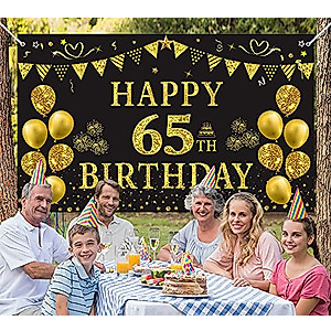 Trgowaul 65th Birthday Backdrop Gold and Black 5.9 X 3.6 Fts Happy Birthday Party Decorations Banner for Women Men Photography Supplies Background Happy Birthday Decoration