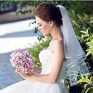 METEMEI White Double Ribbon Edge Center Cascade Bridal Wedding Veil with Metal Comb (White)