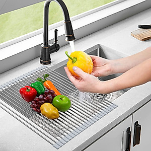 Elyum Dish Drying Rack Over The Sink Dish Drying Rack Stainless Steel Roll Up Dish Drying Rack Foldable Dish Rack for Kitchen Counter Dishes Cups Bottles Fruits Forks (17.7” x 10.2”, Gray)