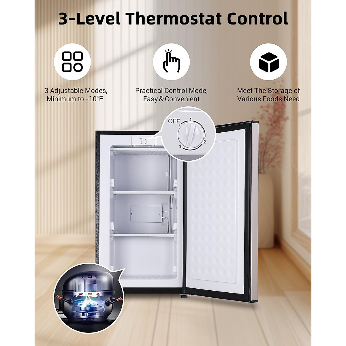 Geekman Upright Freezer, 3.2 Cu.ft Mini Freezer with Removable Shelves, 3-Level Adjustable Thermostat, Perfect for Home, Dorm, Office, Garage, Silver Color