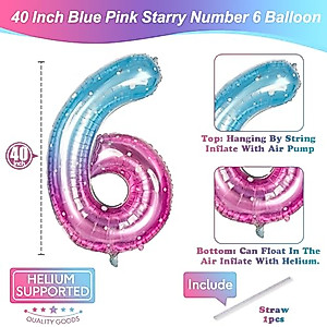 40 Inch Balloon Number 6 Blue Pink, Large Foil Mermaid 6 Balloons Number for Women, Starry Rainbow Globos de Numero 6 Helium Balloons for Girls 6th Birthday Anniversary Graduation Party Decorations