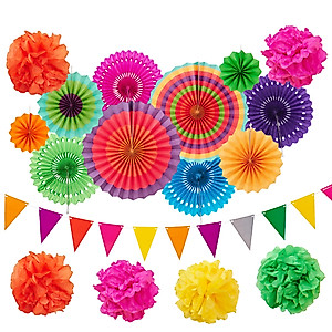 Neliblu Pack of 21 Hanging Party Decorations - Paper Fan Decorations - Bulk Multi-Color Tissue Pom Poms, and Garlands for Dreamy Event Backgrounds - Great for Birthdays, Parties and Weddings, Prom
