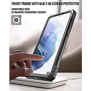 Poetic Revolution Case for Samsung Galaxy S21 5G 6.2 inch, Built-in Screen Protector Work with Fingerprint ID, Full Body Rugged Shockproof Protective Cover Case with Kickstand, Black