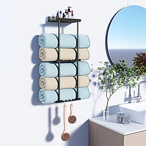 RRM Towel Racks for Bathroom, 3 Tier Wall Towel Holder, Metal Wall Towel Rack Mounted Towel Storage Towel Storage with 3 Tier Metal Shelf and 6 Hooks for Small Bathroom (Matte Black)