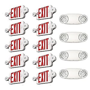 FREELICHT 10 Pack Exit Sign with Emergency Lights, Two LED Adjustable Head Emergency Exit Light with Battery Bundle 4 Pack Emergency Light, Emergency Lights for Business
