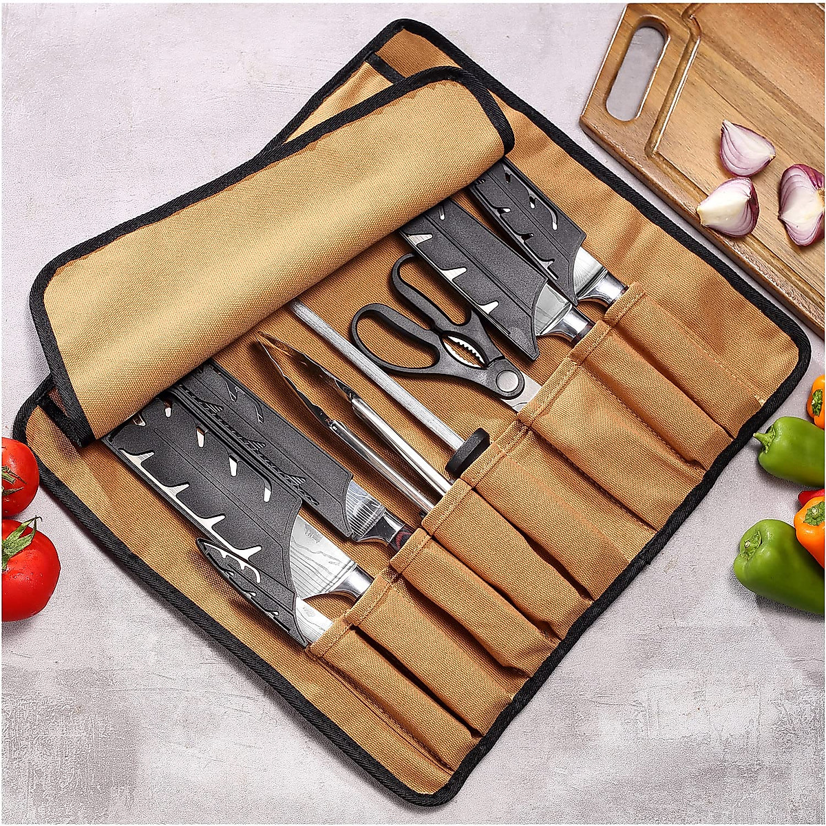 OYEZI Knife Roll Bag 16oz Duty Canvas Roll Bag - 8 Slots with 7pcs Knife Edge Guards set for travel, camping,BBQ,Knives and kitchen tools not Included
