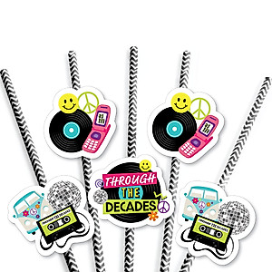 Big Dot of Happiness Through the Decades - Paper Straw Decor - 50s, 60s, 70s, 80s, and 90s Party Striped Decorative Straws - Set of 24