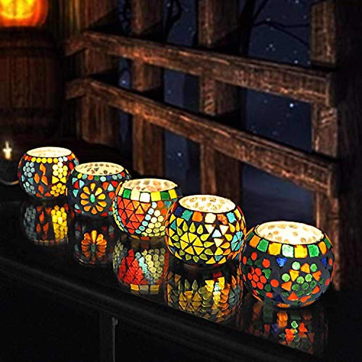 Set of 5 Tea Light Candle Holder Bowl Mosaic Glass Votive Candle Holder Decorative Candle Holder Tealight Bowl Tea Night Light Holders Handmade Artwork Gifts for Home Decor/Party Decorations