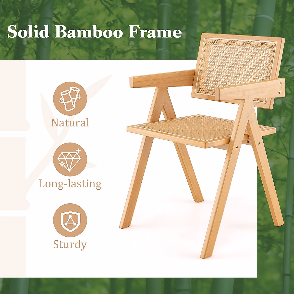 Giantex Boho Cane Dining Chairs Set of 2, Max Load 330 Lbs, Wooden Dining Chairs, Bamboo Accent Armchair for Living Room, Dining Room, Natural