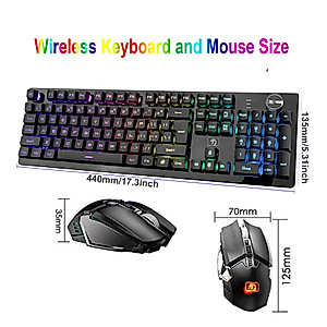 Rechargeable Gaming Keyboard Mouse Combo,2.4G Wireless,16 Kinds of RGB LED Backlit,Mechanical Feeling Keyboards with Knob Control,2400dpi Ergonomic Mouse with 7 Color Breathing LED Light (Black RGB)