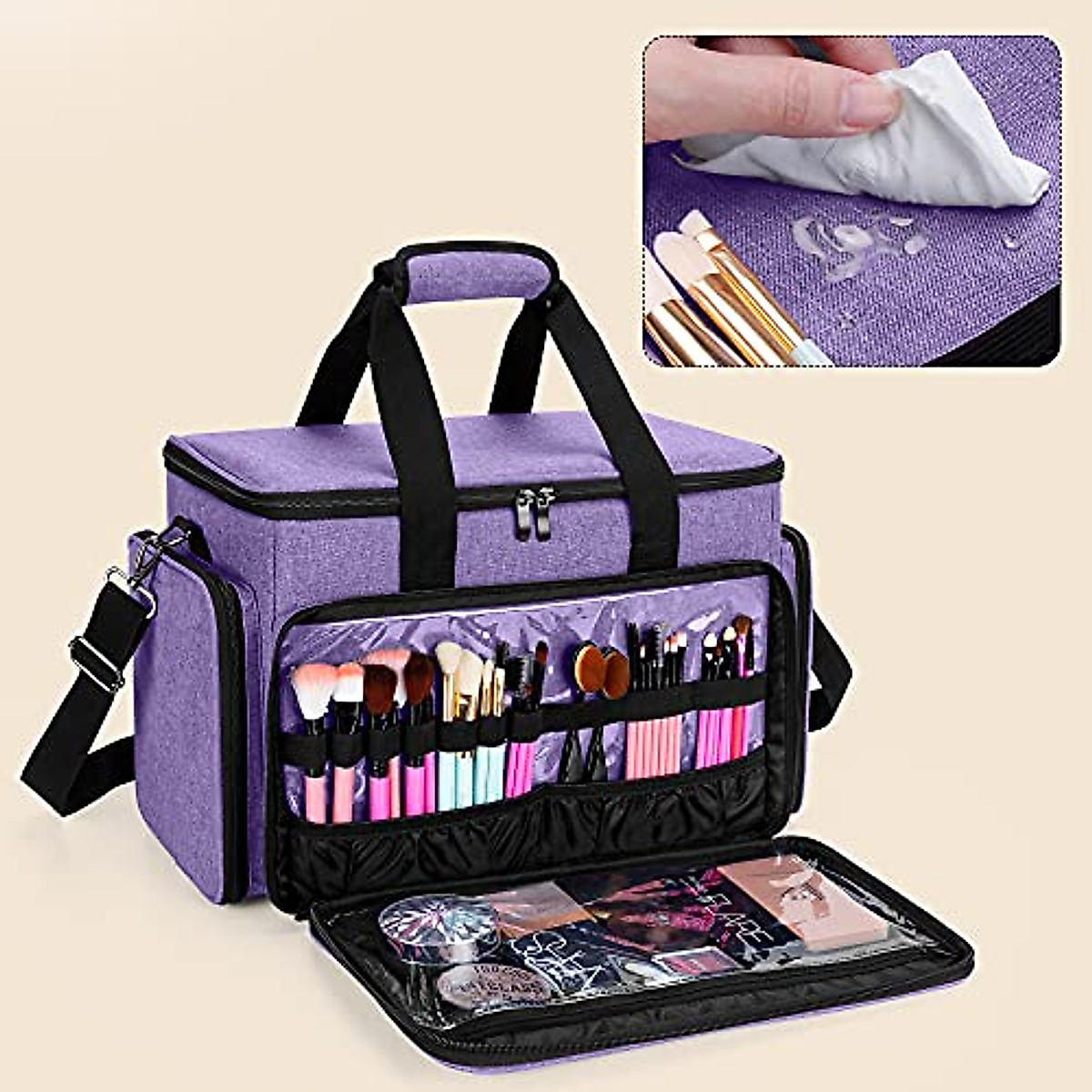 BAFASO Large Cosmetic Bag Makeup Bag with Adjustable Dividers, Travel Makeup Case Holds Cosmetics and Hair Supplies, Purple