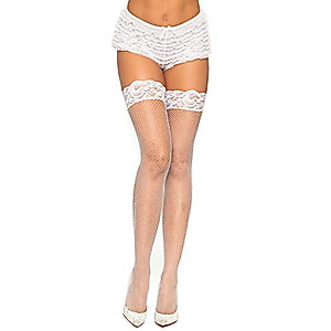 Leg Avenue Women's Fishnet Thigh High Stockings with Back Seam and Silicone Lace Top, White, One Size