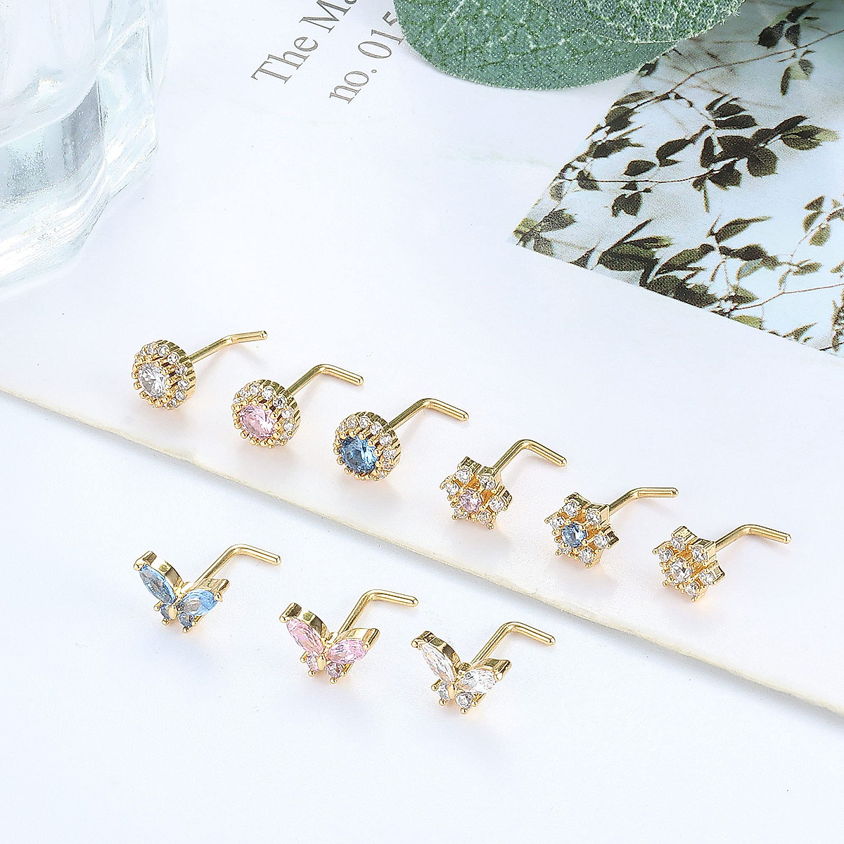 Drperfect 9PCS Nose Ring Stud for Women 20G Stainless Steel L-Shape Nose Rings CZ Butterfly Snowflake Nose Studs Assorted Nose Piercing Jewelry (Gold Tone)