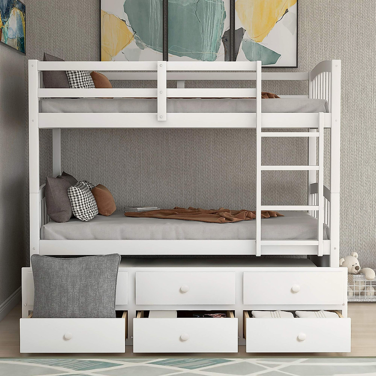 SOFTSEA Twin Over Twin Bunk Bed with Twin Trundle, 4 Step Ladder and 3 Drawers