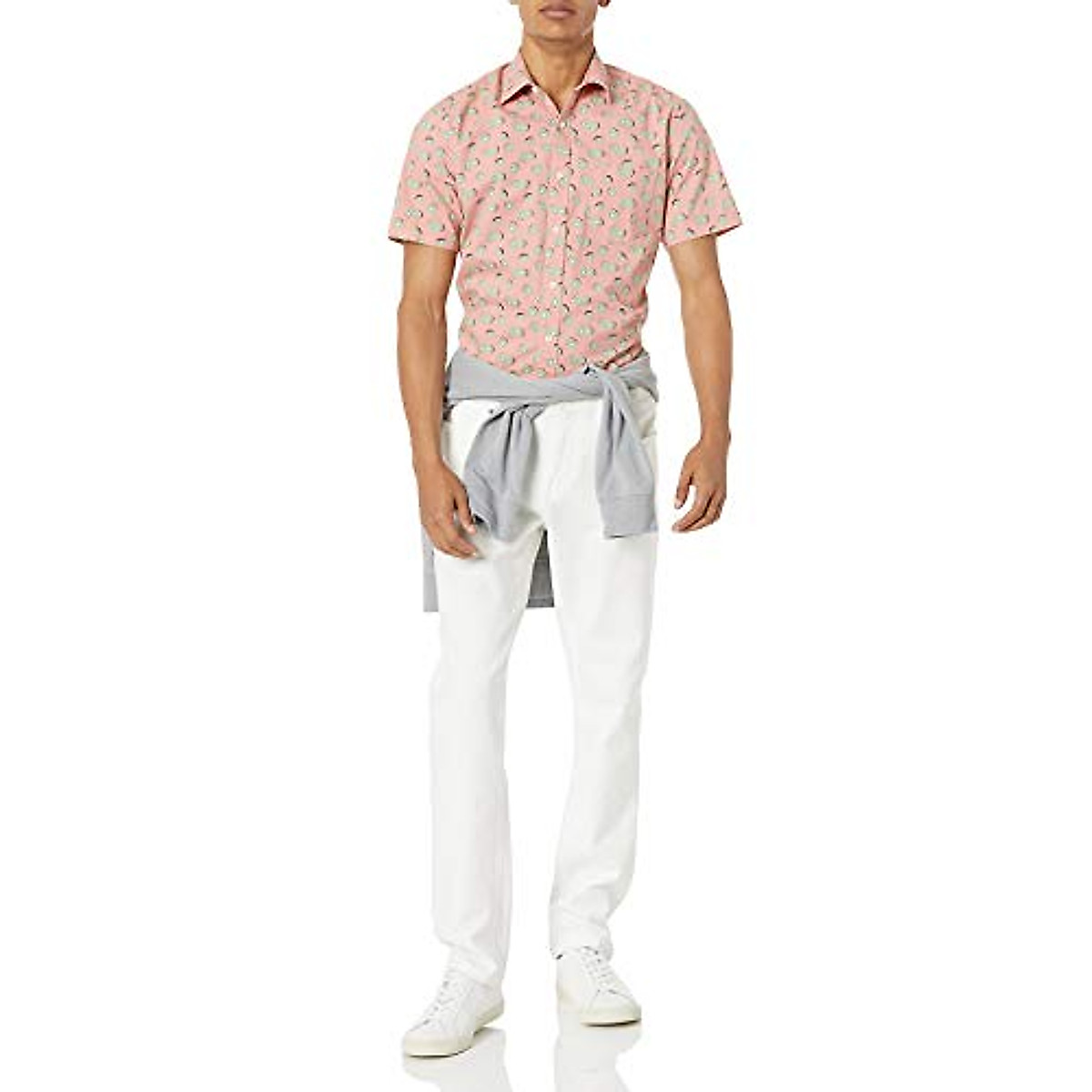 Amazon Essentials Men's Regular-Fit Short-Sleeve Print Shirt, Pink Fruit, Large