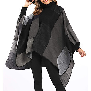 Epsion Women's Color Block Shawl Wrap Plus Size Cardigan Poncho Cape Open Front Long Winter Sweater Coat Black