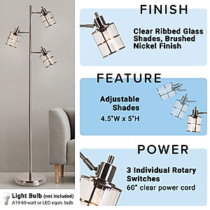 Catalina Lighting 20442-000 Modern 3 Light Floor Lamp with Adjustable Ribbed Glass Shades & Reading Light, 68", Classic Brushed Nickel