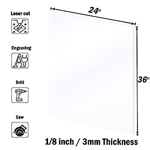 Acrylic Sheet/Plexiglass Panel 24" x 36" x 1/8" Thick Cast 2 Pieces, Pinziren 3mm Large Clear Plexi Glass Plastic Board for Craft Projects, Wedding Blank, Cut to Sign, Table Number,Signage.24x36