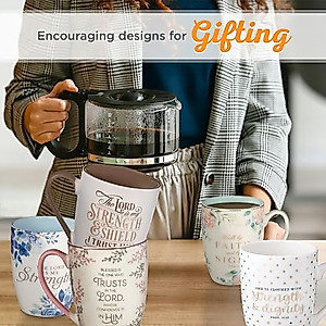 Christian Art Gifts Ceramic Coffee and Tea Mug 12 oz Inspirational Bible Verse Mug for Men and Women: Strength & Dignity - Proverbs 31:25 Lead and Cadmium-free White Mug with Gold Polka Dots