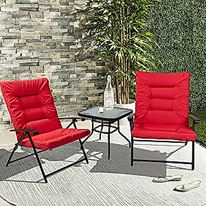 SUNCROWN 3-Piece Outdoor Furniture Patio Padded Folding Chair Set Patio Bistro Set Foldable Adjustable Reclining Lounge Chair with Coffee Table, Red