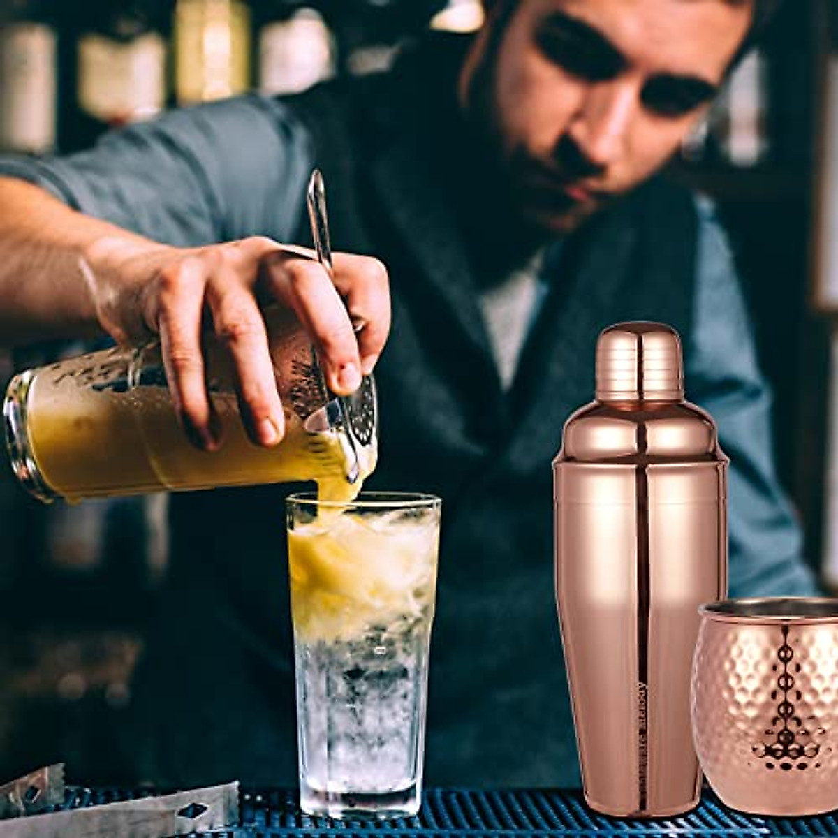 TABLEWARE MELODY Moscow Mule Mugs Set of 3-Hammered Moscow Mule Mugs Drinking cup with 24oz Cocktail Shaker-Great Dining Entertaining bar Gift Set (Mug Set of 3 -cocktail shaker included)